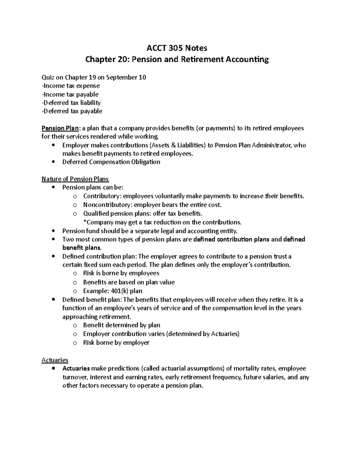 ACCT 305 Chapter 20 Notes - ACCT 305 Notes Chapter 20: Pension and ...