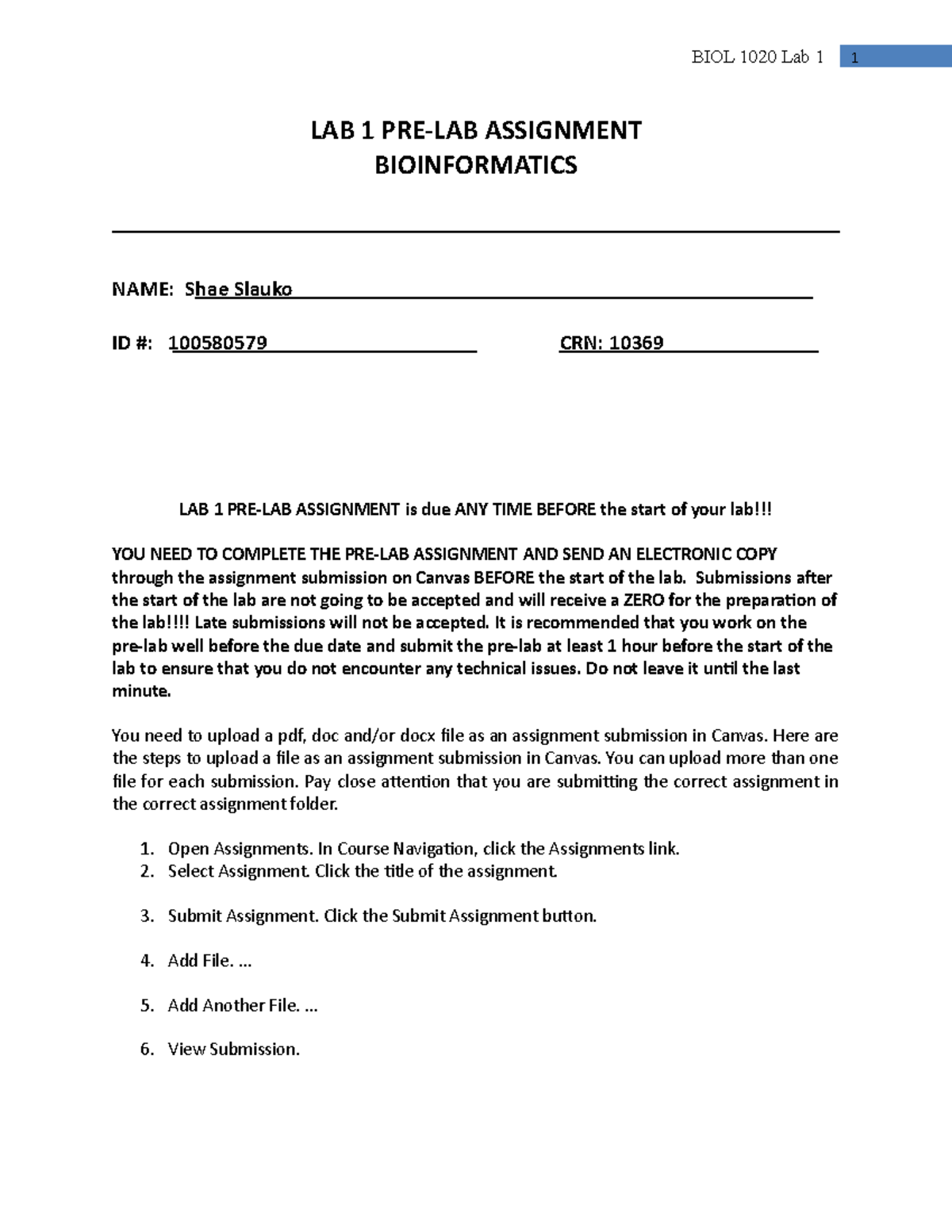 Lab 1 Pre-lab assignment Bioinformatics S2022 - BIOL 1020 Lab 1 1 LAB 1 PRE-LAB ASSIGNMENT - Studocu