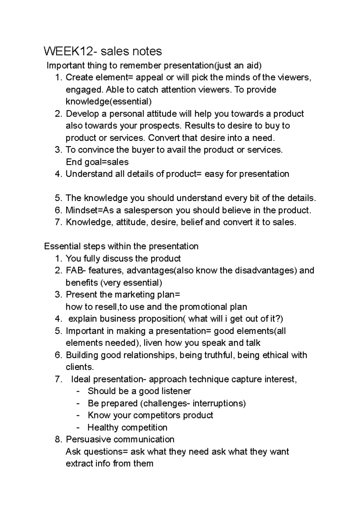 Untitled document - practice - WEEK12- sales notes Important thing to ...