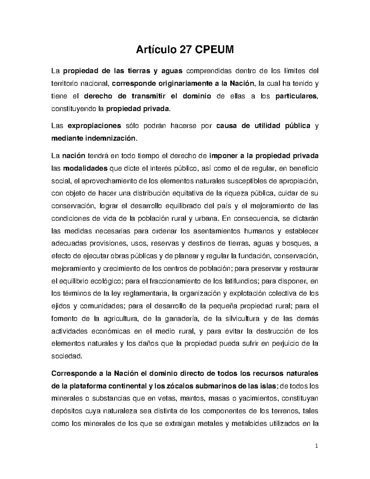 Artículo 27 Cpeum - Analisis art 27 - Artículo 27 CPEUM La propiedad de ...