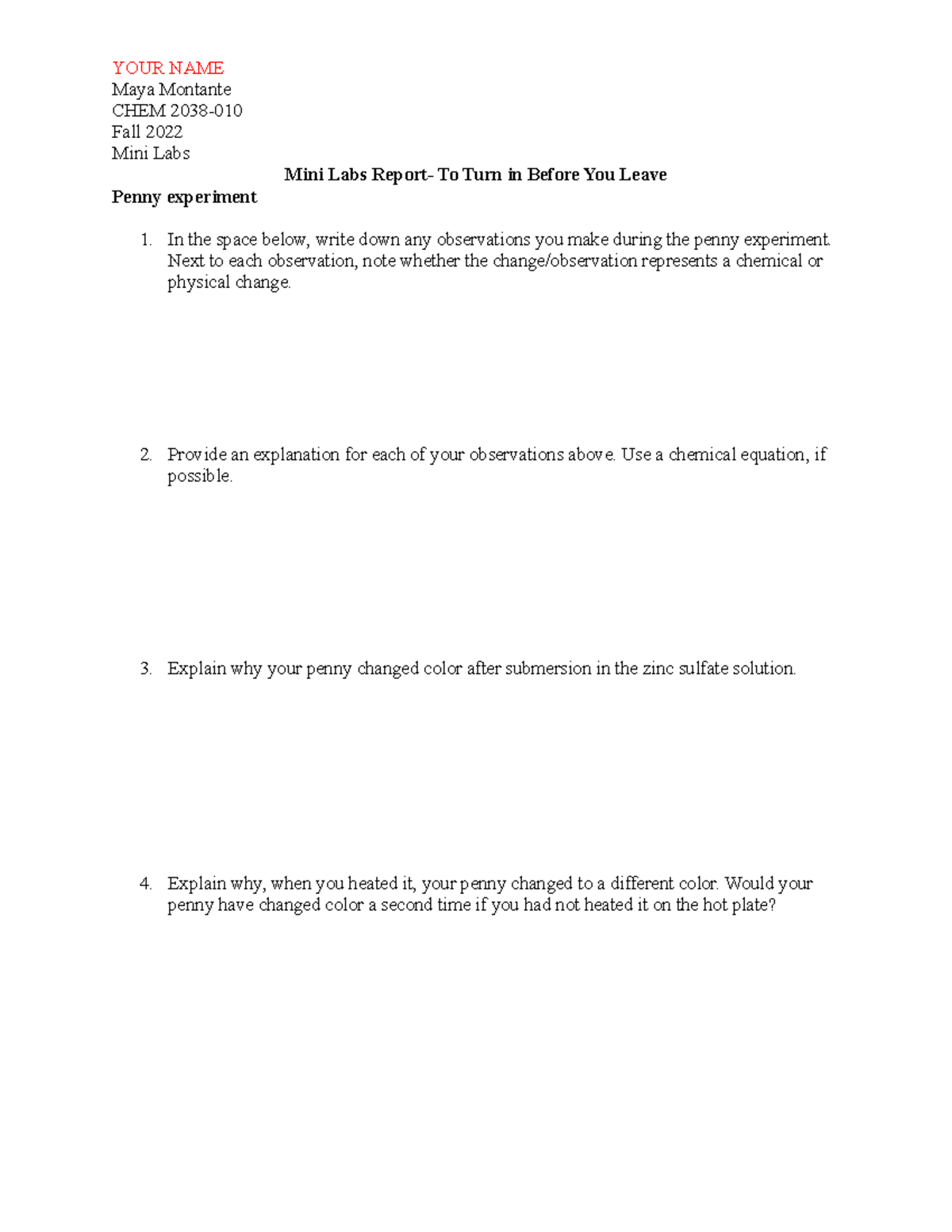 CHEM0238 Mini Labs Lab Report#12 - YOUR NAME Maya Montante CHEM 2038 ...