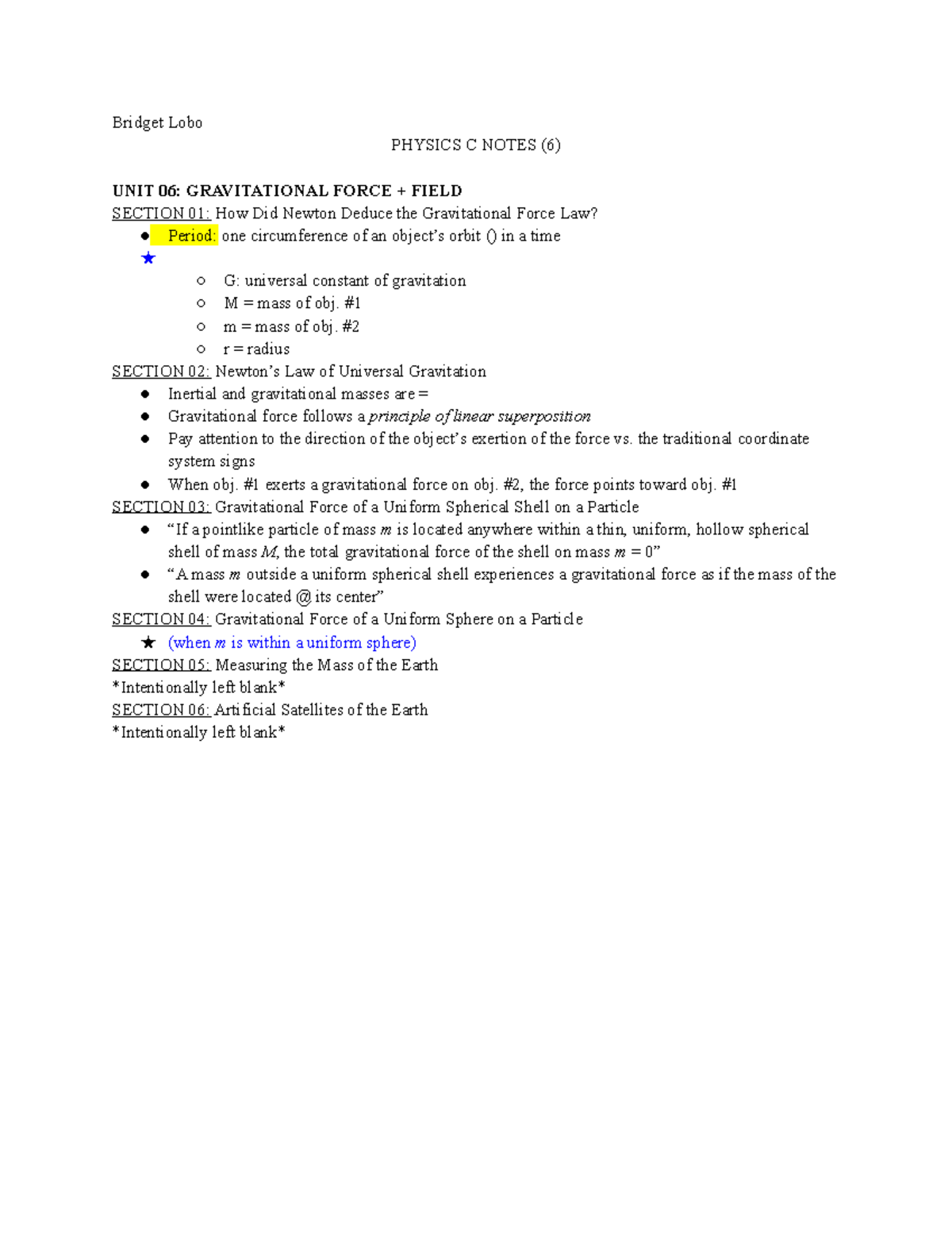 Ch. 06 gravitational force + field - Bridget Lobo PHYSICS C NOTES (6 ...