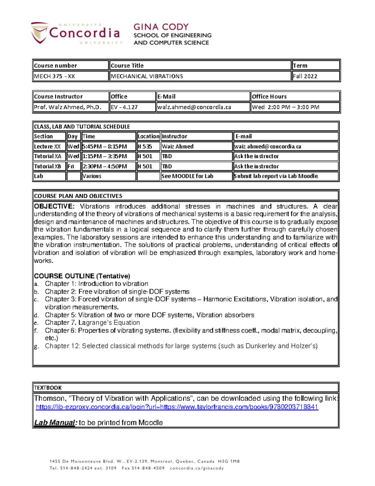 Course Outline MECH 375 - Course number Course Title Term MECH 375 - XX ...