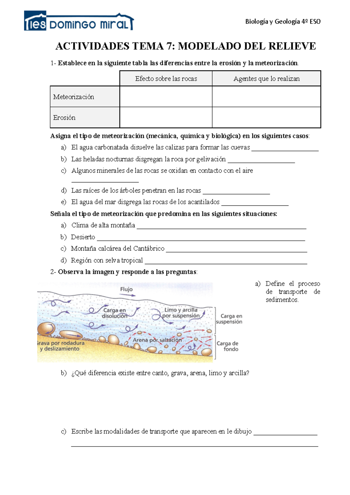 7 Actividades-modelado-del-relieve - ACTIVIDADES TEMA 7 : MODELADO DEL RELIEVE 1 - Establece en ...