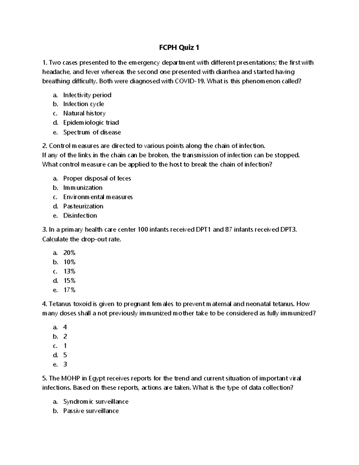 FCPH 1 - Statistics - FCPH Quiz 1 Two cases presented to the emergency ...