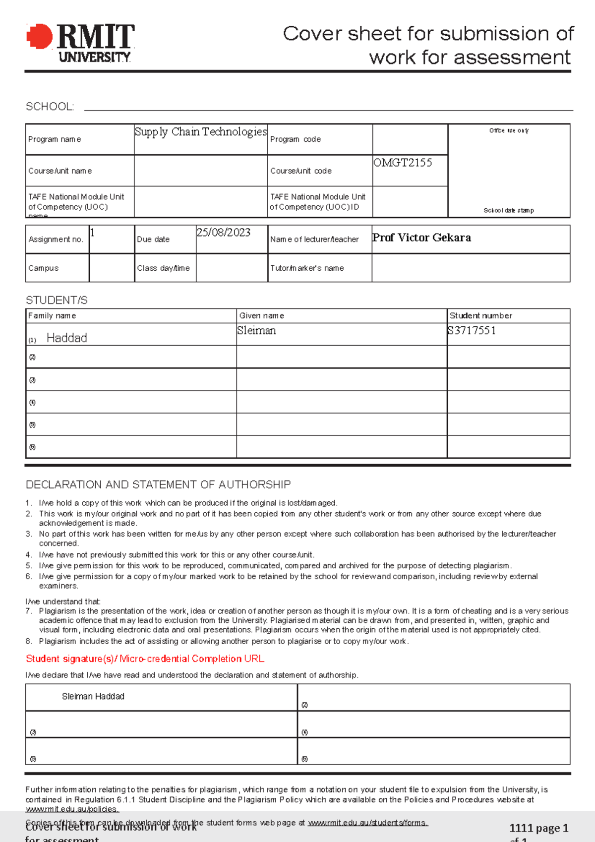 Assignment Cover Sheet Supply Chain Tech - Cover sheet for submission ...