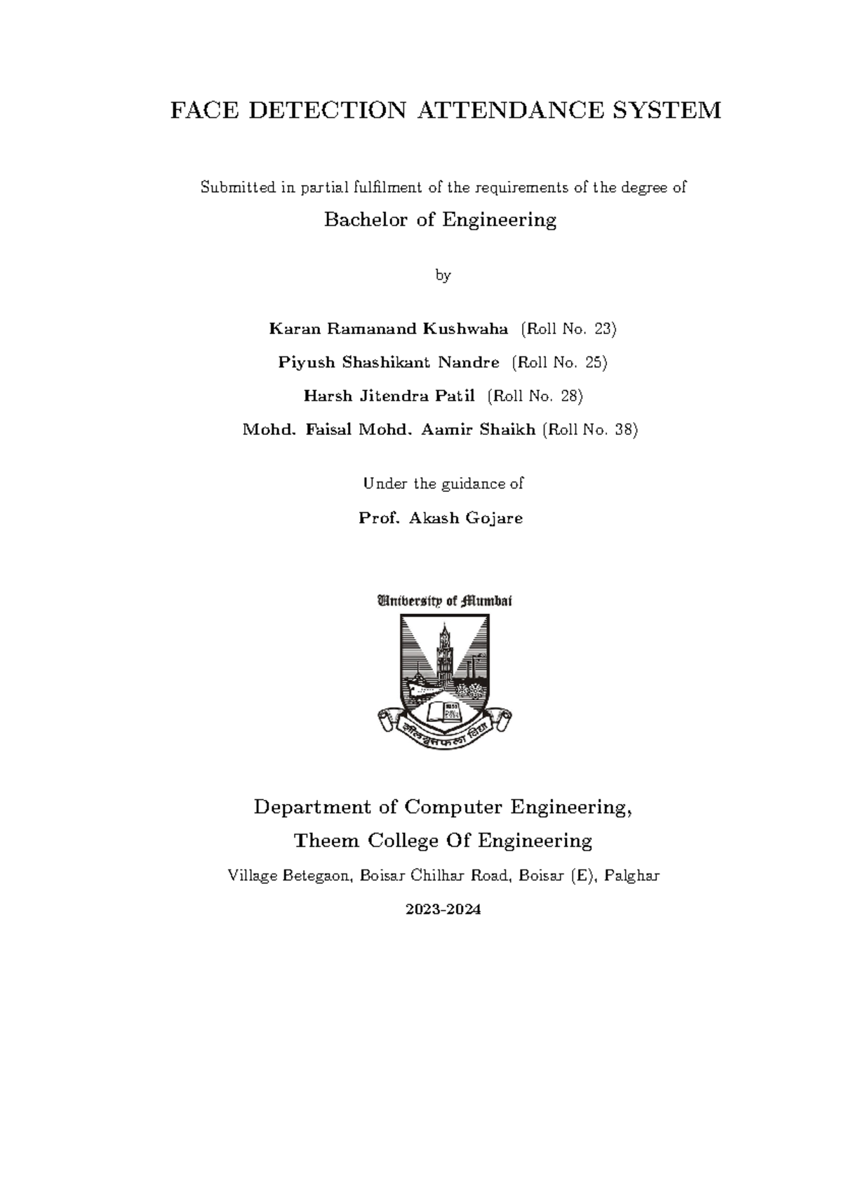 Project Report On Face Recognition Attendance System Using Python Face Detection Attendance