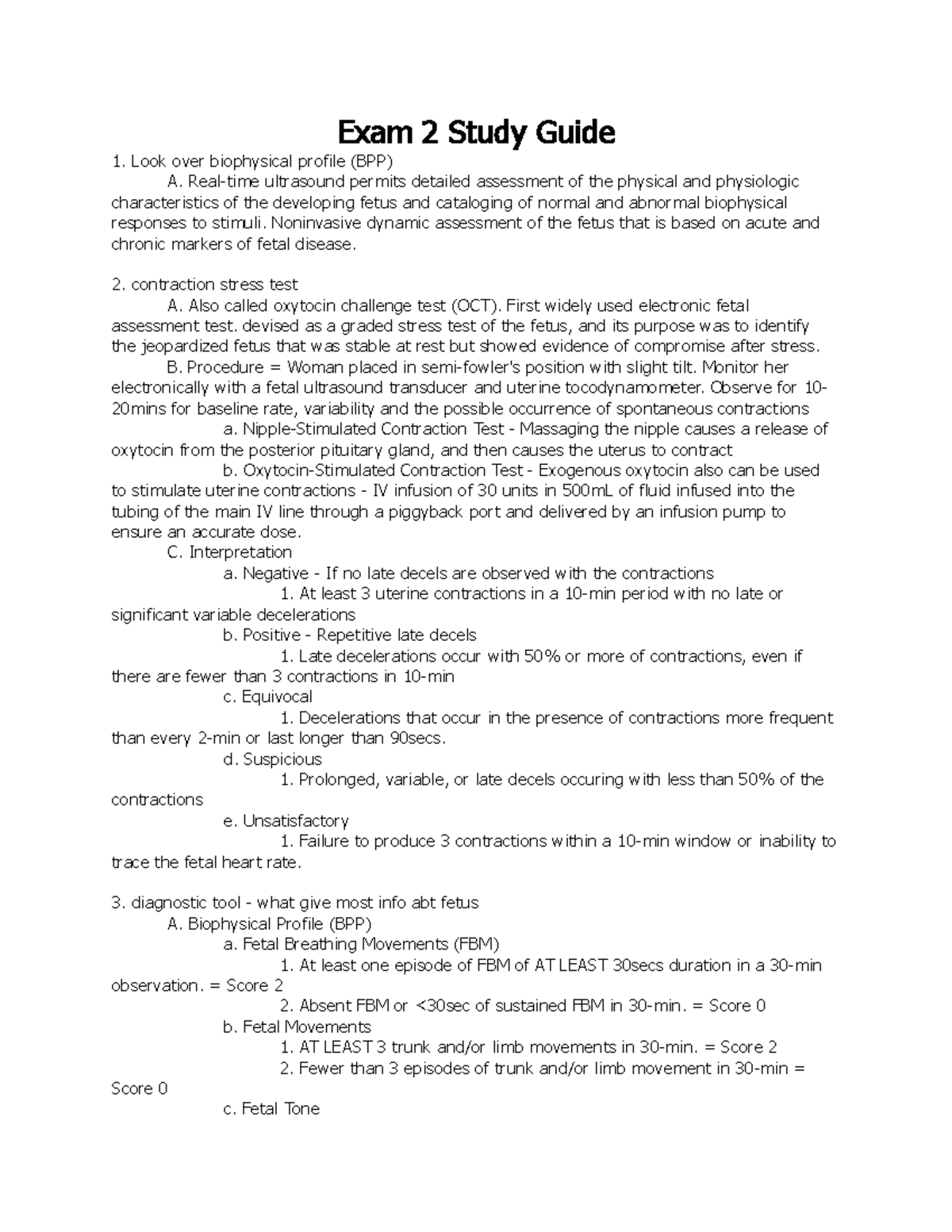 Exam 2 Study Guide - Exam 2 Study Guide Look over biophysical profile ...