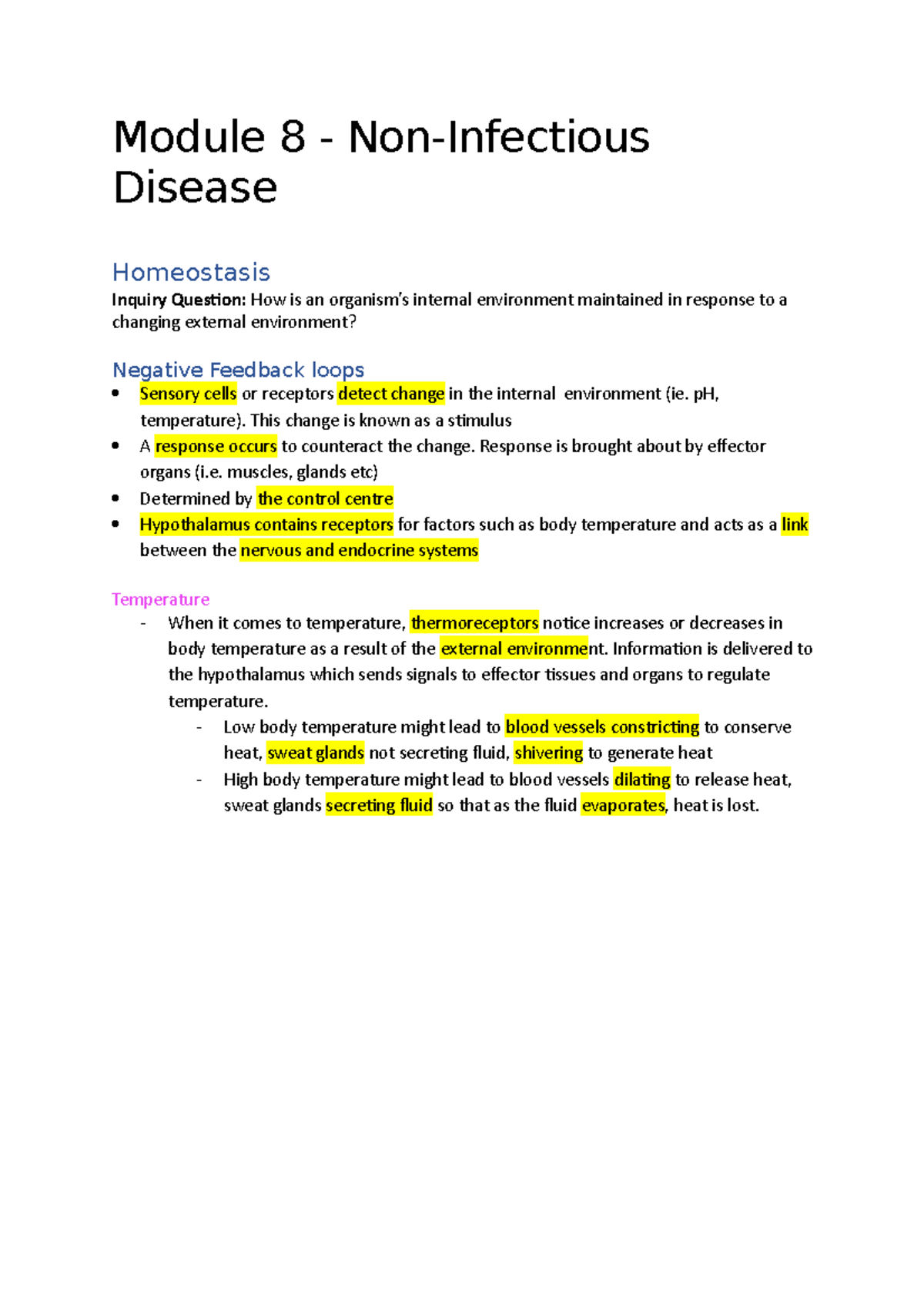HSC biology module 8 - Module 8 - Non-Infectious Disease Homeostasis ...