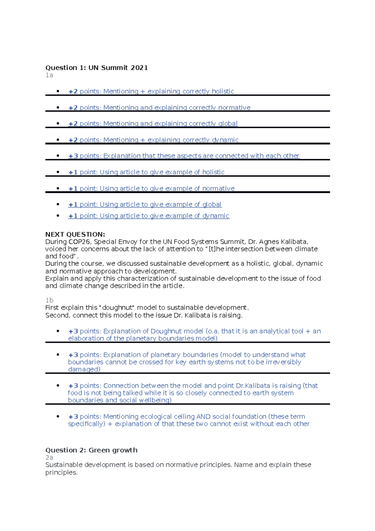 PAST EXAM Grading - Question 1: UN Summit 2021 1a +2 points: Mentioning ...