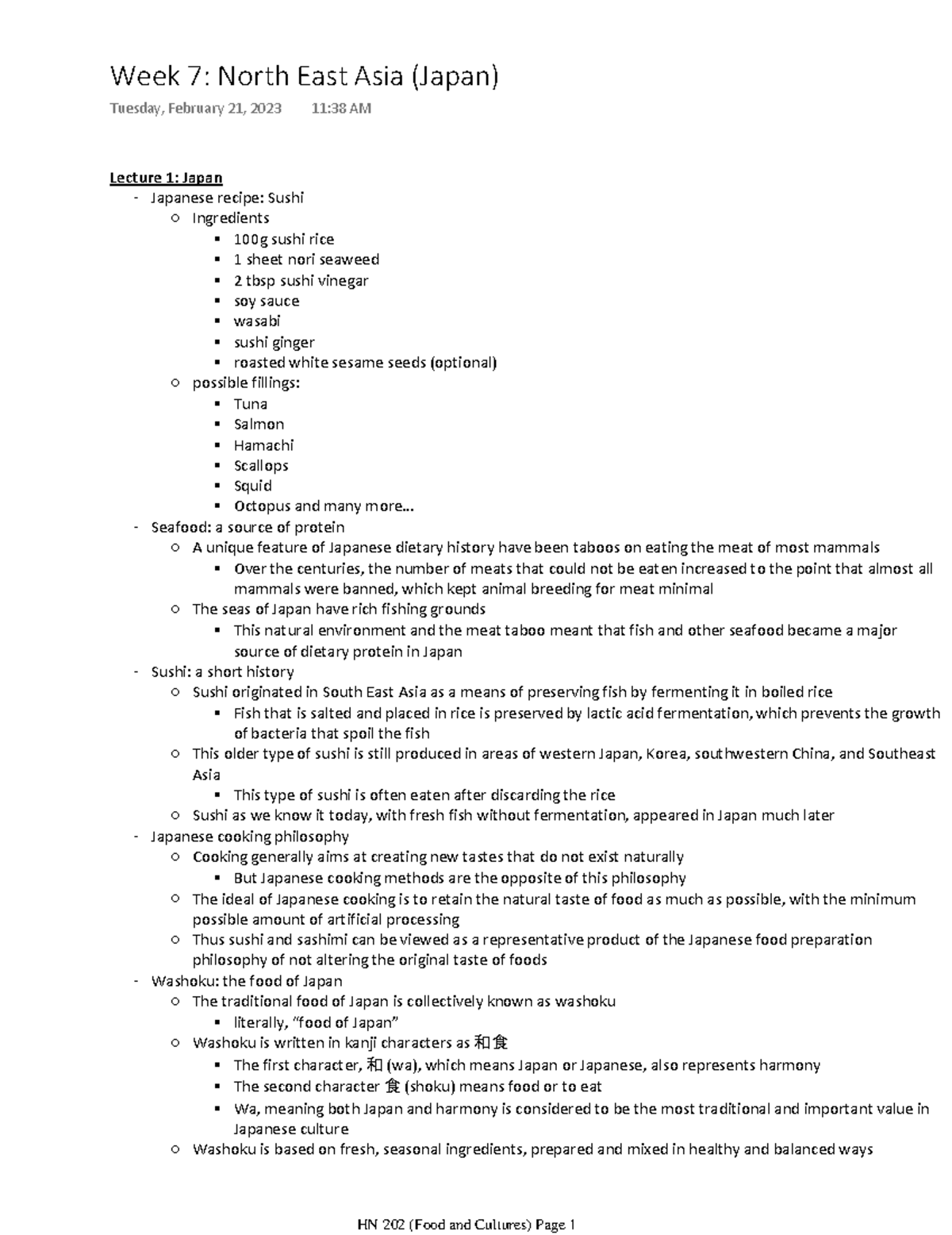 HN 202 (Food and Cultures) Week 7 pt 2 - Lecture 1: Japan Japanese ...