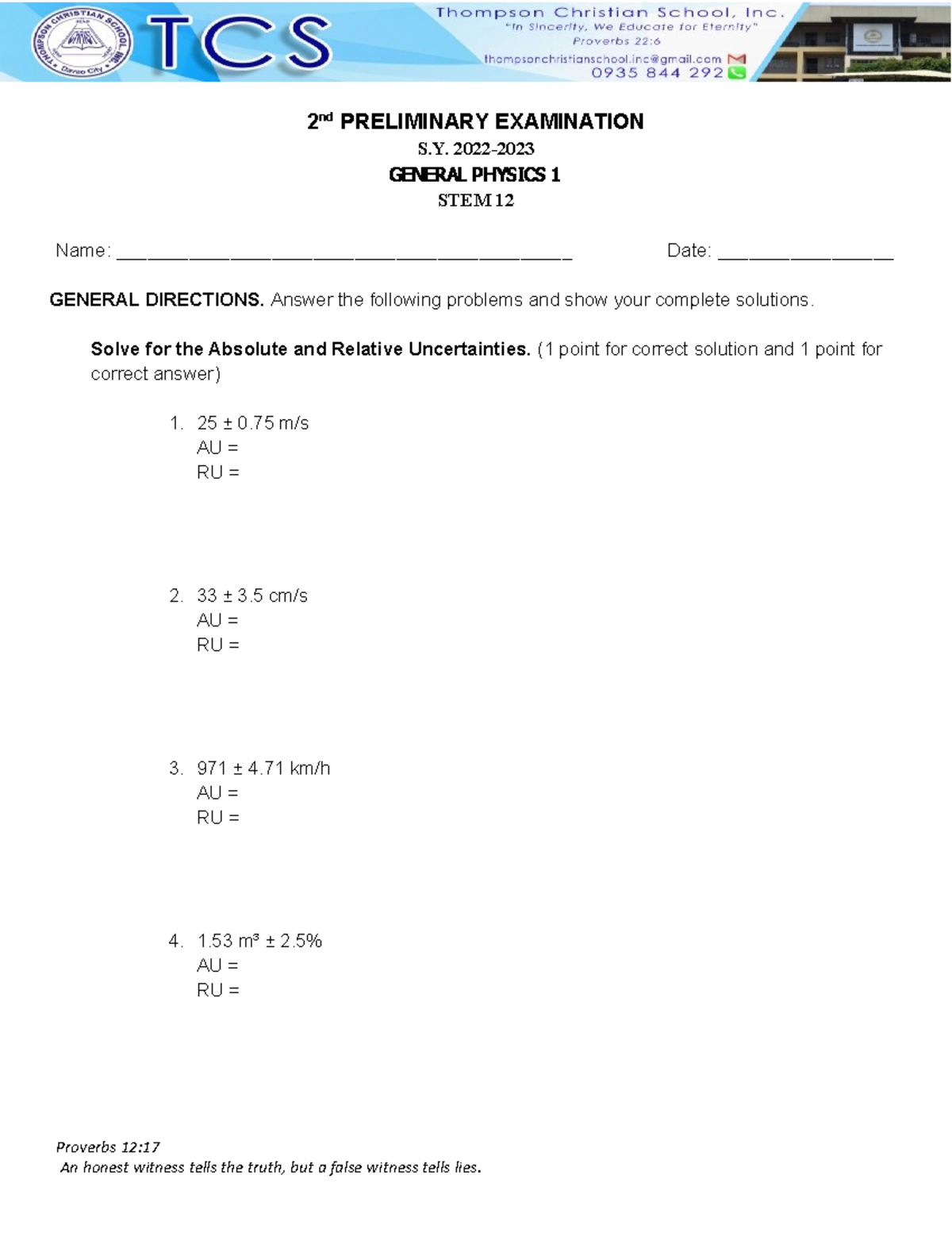 2nd Prelim Examination Gen Phy - 2 nd PRELIMINARY EXAMINATION S. 2022 ...