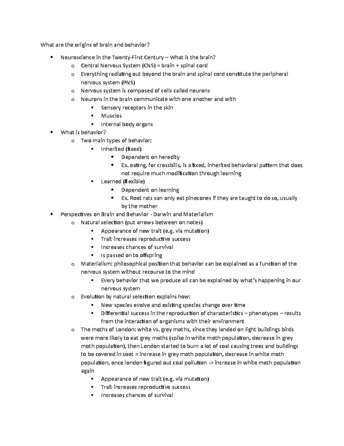 Origins of Brain and Behavior in Neuroscience - Studocu