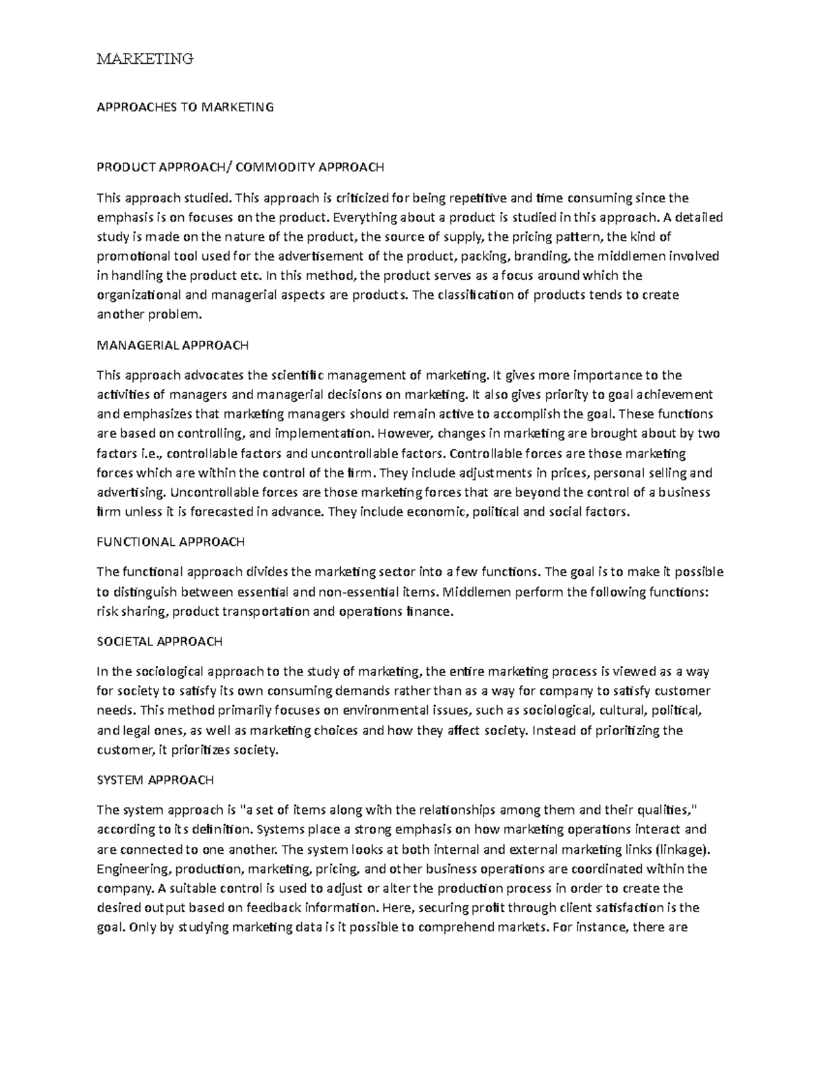 Approaches TO Marketing - MARKETING APPROACHES TO MARKETING PRODUCT ...