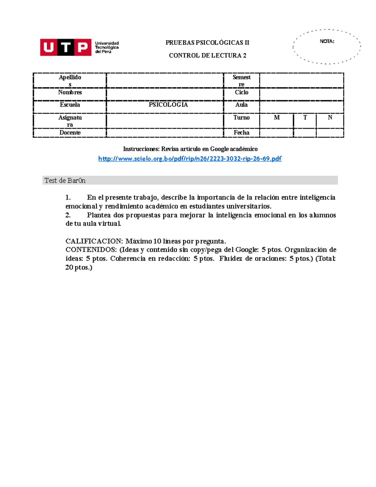 S15.s1 Material - CL 2 - PRUEBAS PSICOLÓGICAS II NOTA: CONTROL DE ...