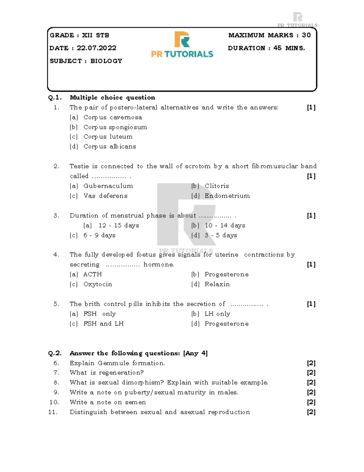 XII STB Biology - .... 1 .... PR TUTORIALS PR TUTORIALS Q. Multiple choice question 1. The pair ...