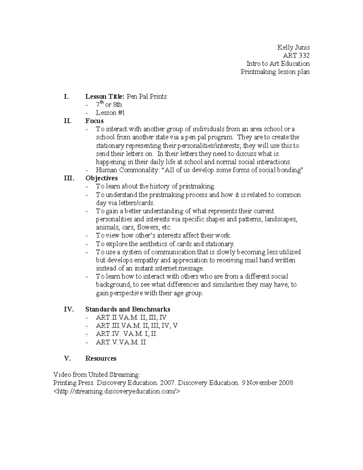 Art Lesson Plan- Printmaking - Kelly Junis ART 332 Intro to Art ...