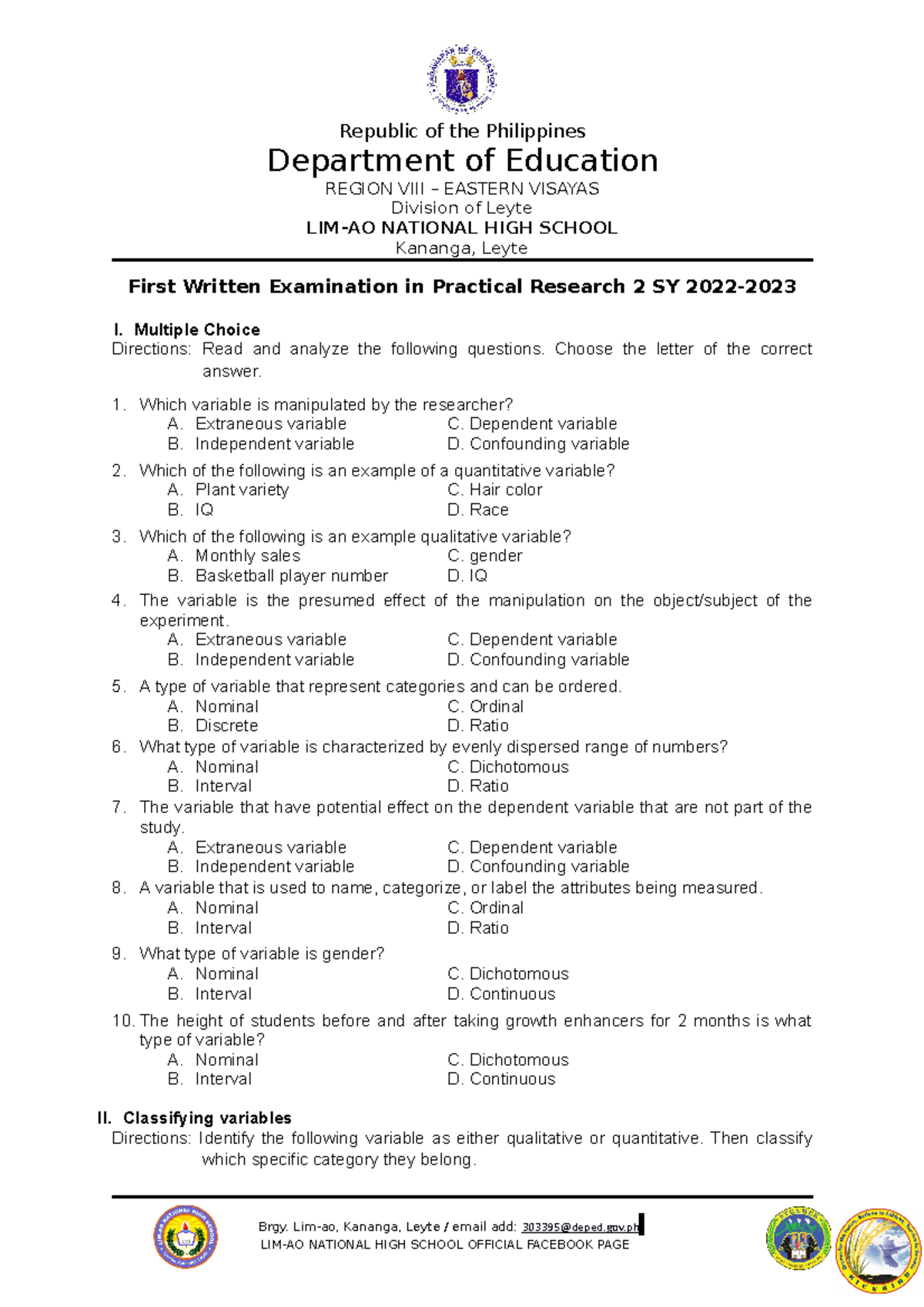 1st Written Examination in Practical Research 2 SY 2022-2023 - Multiple ...
