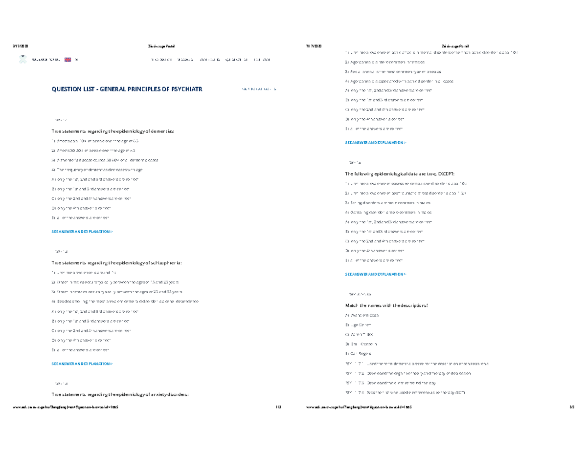 Psych - QUESTION LIST - GENERAL PRINCIPLES OF PSYCHIATR BACK TO ...