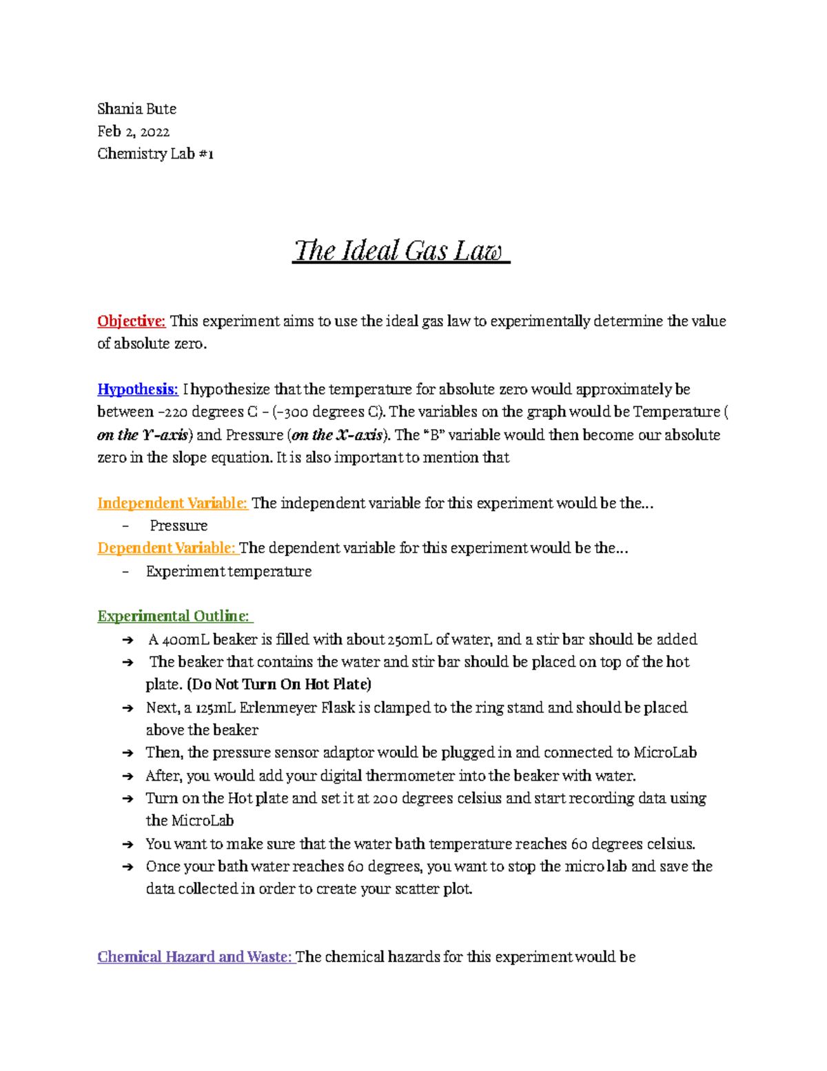 Chem 116: The ideal Gas Law - Shania Bute Feb 2, 2022 Chemistry Lab ...