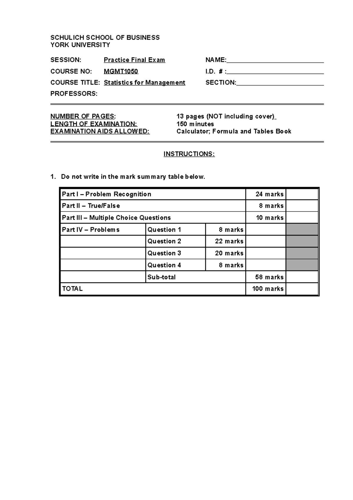 Practice Final Exam - # : COURSE TITLE: Statistics for Management ...