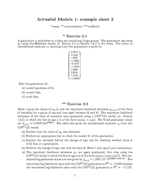 Examples-week6 - Actuarial Models: example sheet 6 *=easy ...