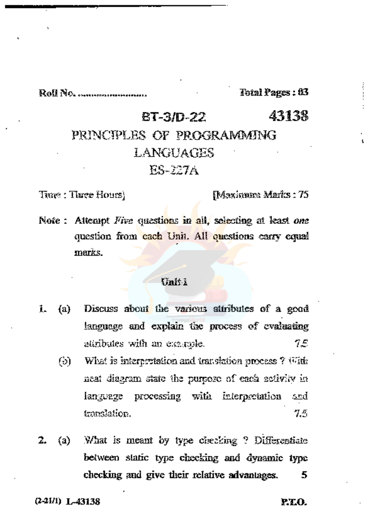 PPL-22 - Question paper - Roll No. Total Pages : 03 43138 PRINCIPLES OF ...