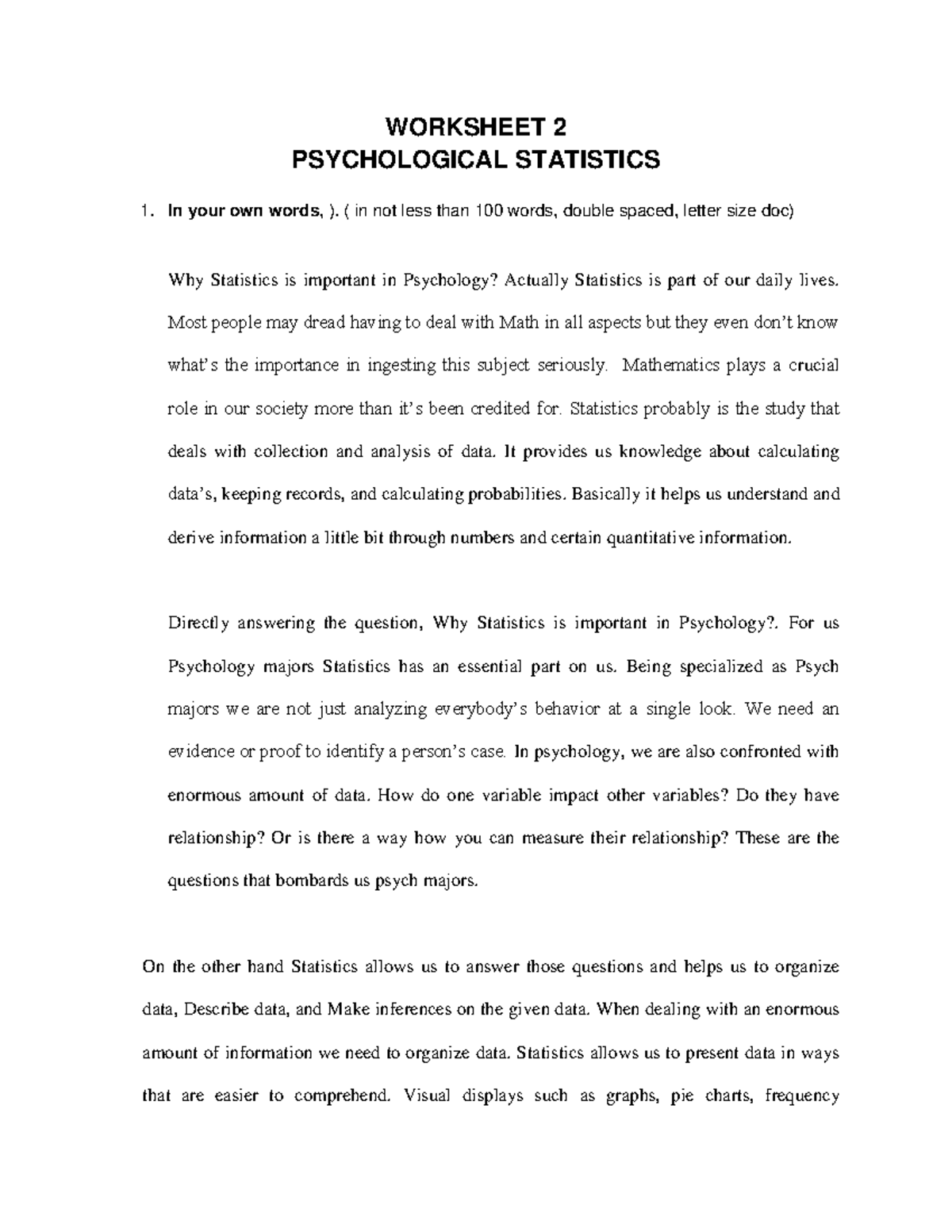 Worksheet 2 (Discuss the Importance of Statistics in Psychology) - BS ...