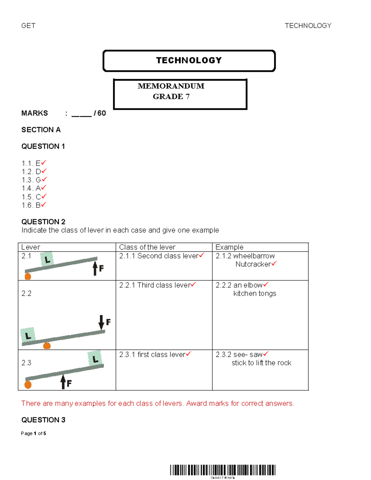 2017 Tech grade 7 memo T2 - MARKS : _____ / 60 SECTION A QUESTION 1 1 ...