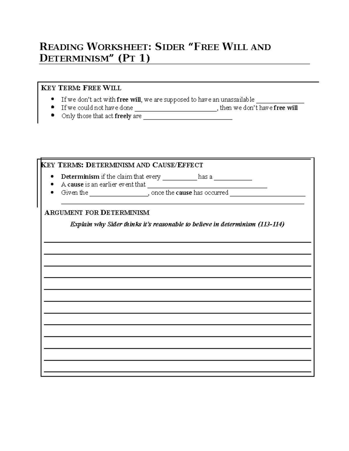 Reading Worksheet - READING WORKSHEET: SIDER “FREE WILL AND DETERMINISM ...