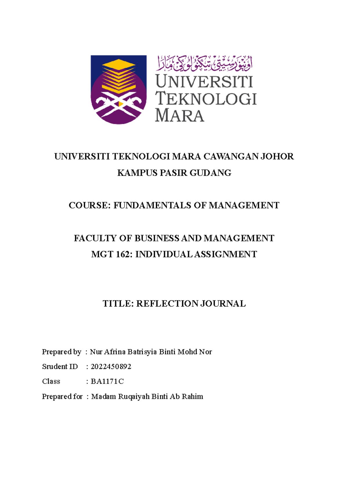 Assingment Individual MGT162 - UNIVERSITI TEKNOLOGI MARA CAWANGAN JOHOR ...