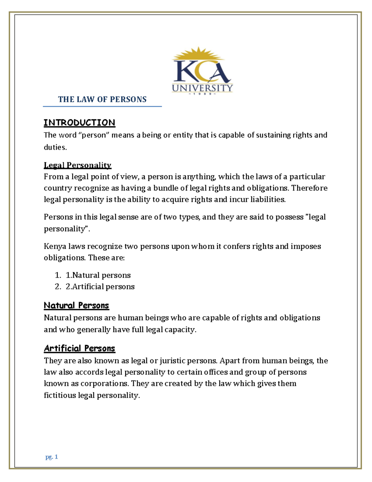 THE LAW OF Persons - THE LAW OF PERSONS INTRODUCTION The word “person ...