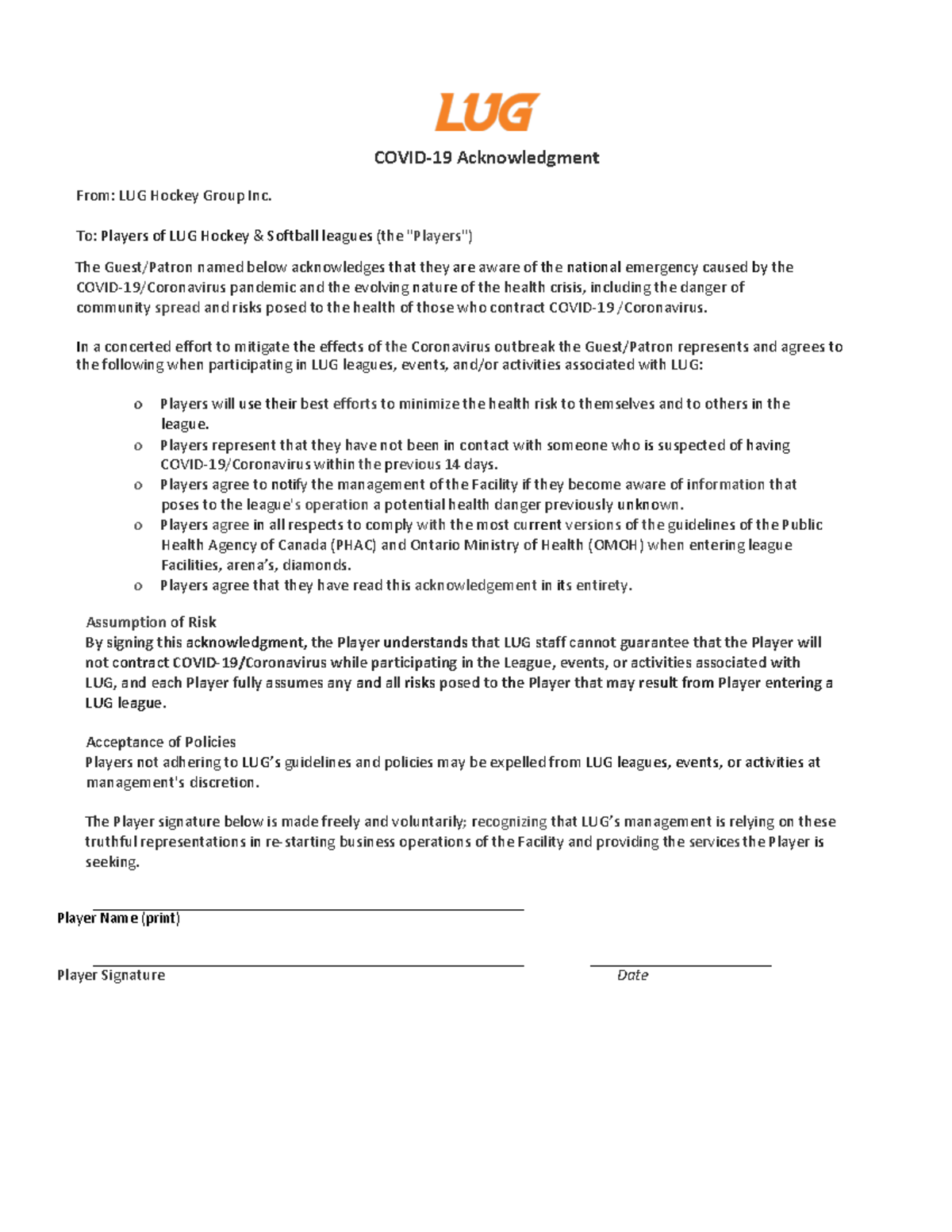 Covid 19 Acknowledgement Waiver - COVID- 19 Acknowledgment From: LUG ...