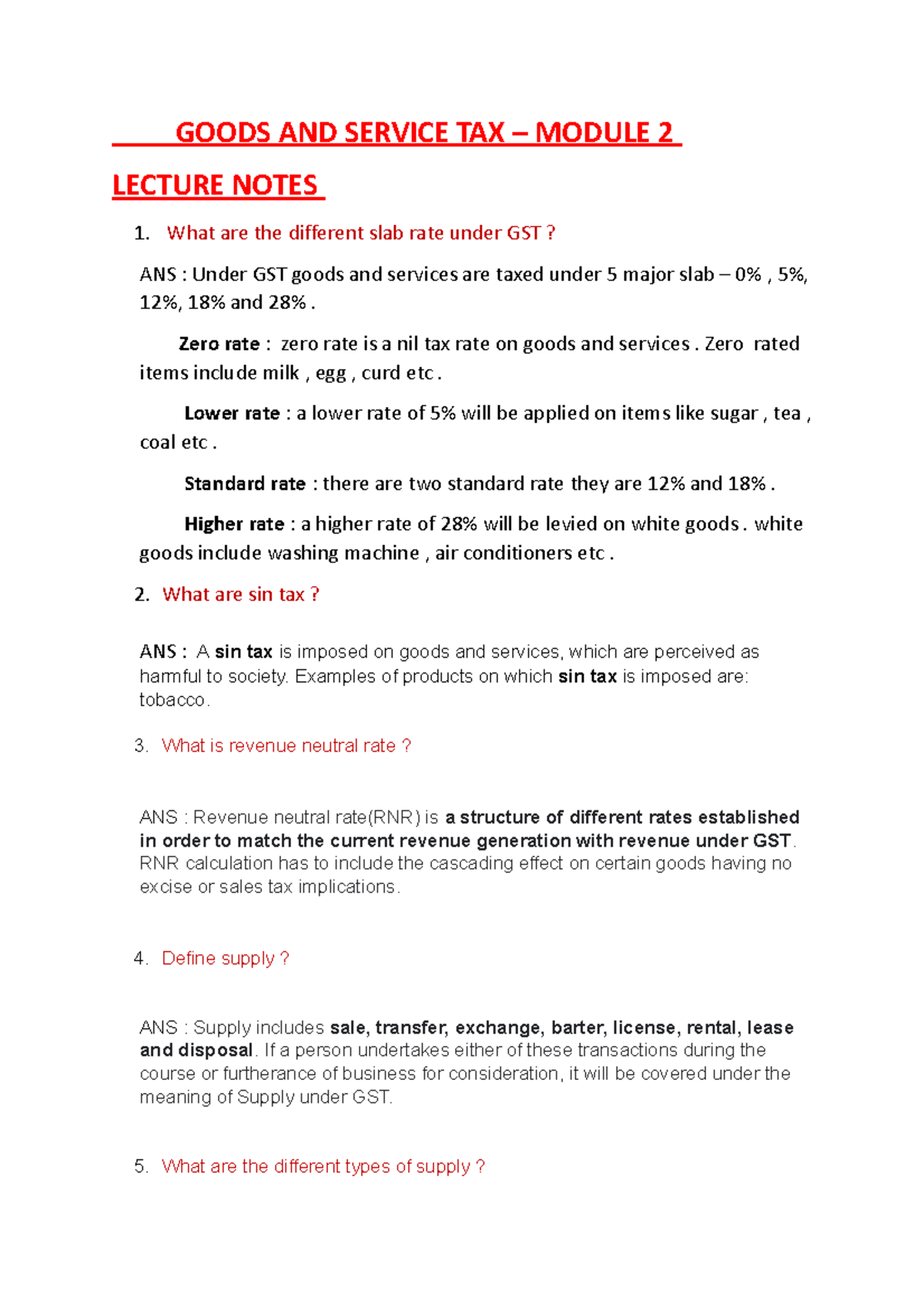 Goods AND Service TAX - GOODS AND SERVICE TAX – MODULE 2 LECTURE NOTES ...