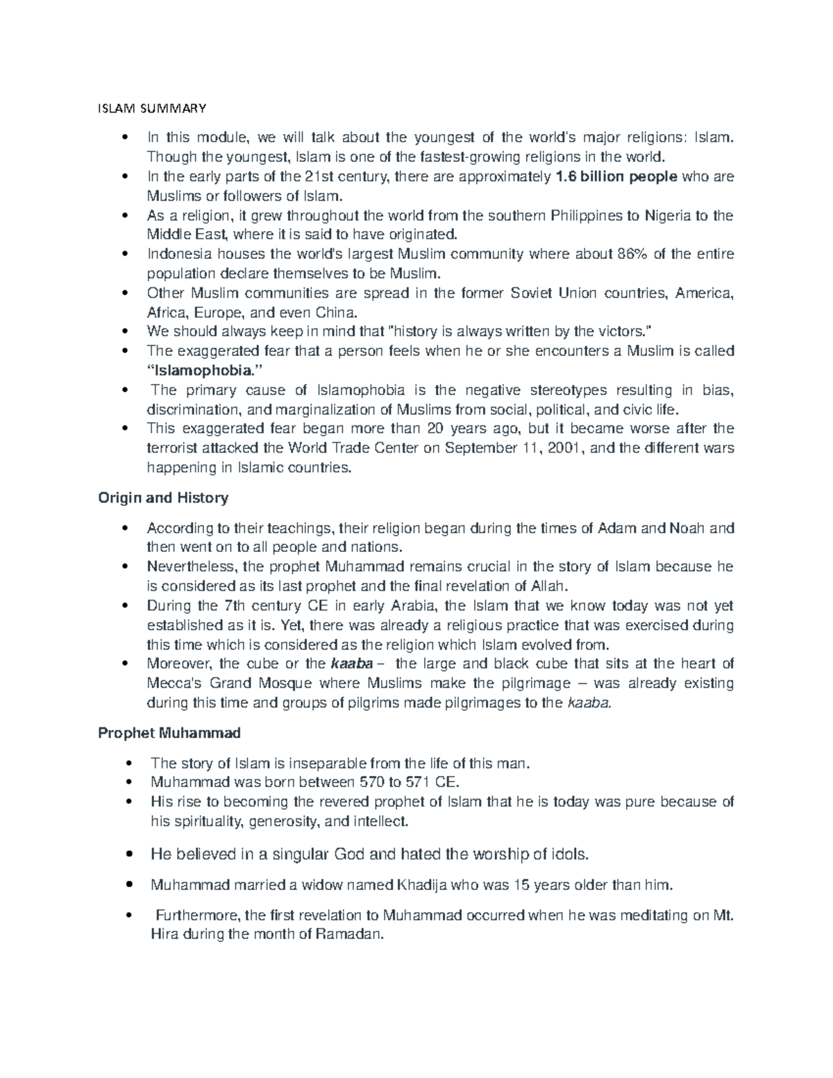 Islam- Summary - LEctures and notes - ISLAM SUMMARY In this module, we ...