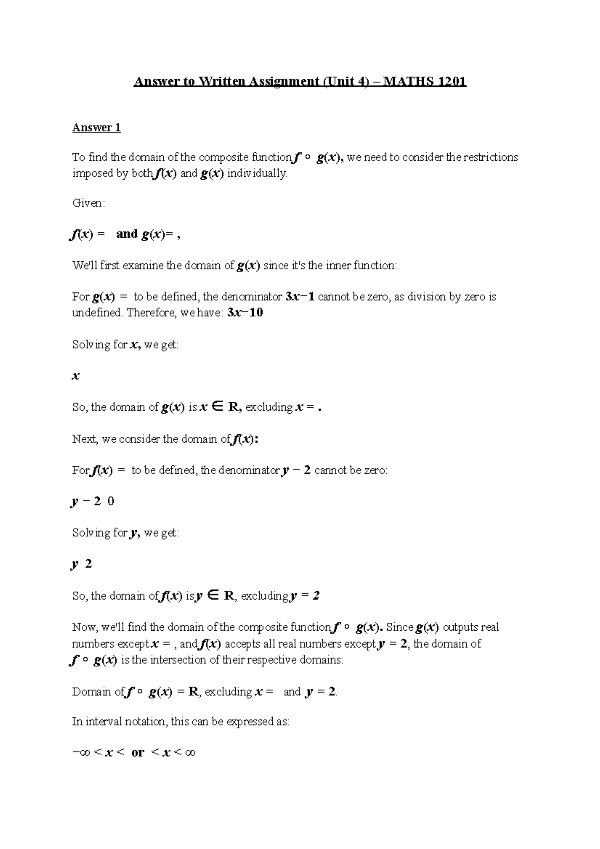 Answer to Written Assignment (Unit 4)- Maths 1201 - Answer to Written Assignment (Unit 4 ...
