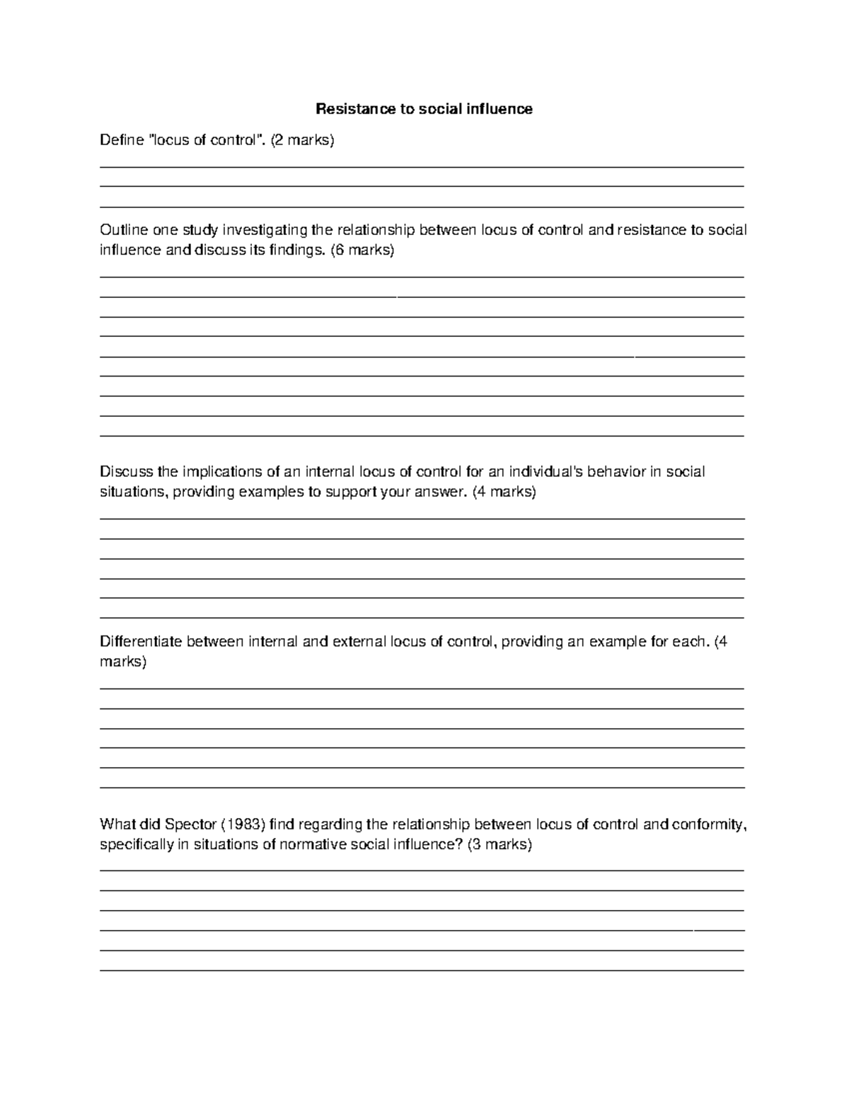 Resistance to social influence exam style questions - Resistance to ...