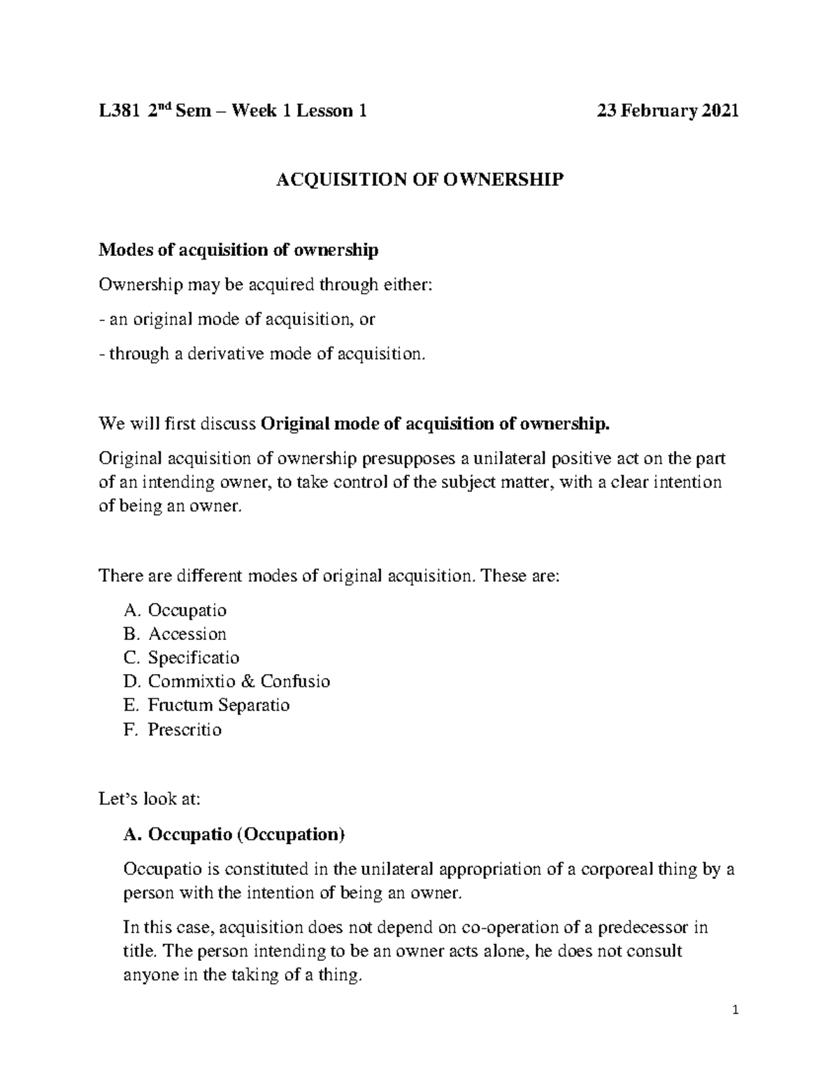 Lesson 1 Aquisition of ownership -Occupation - 1 L381 2 nd Sem – Week 1 ...