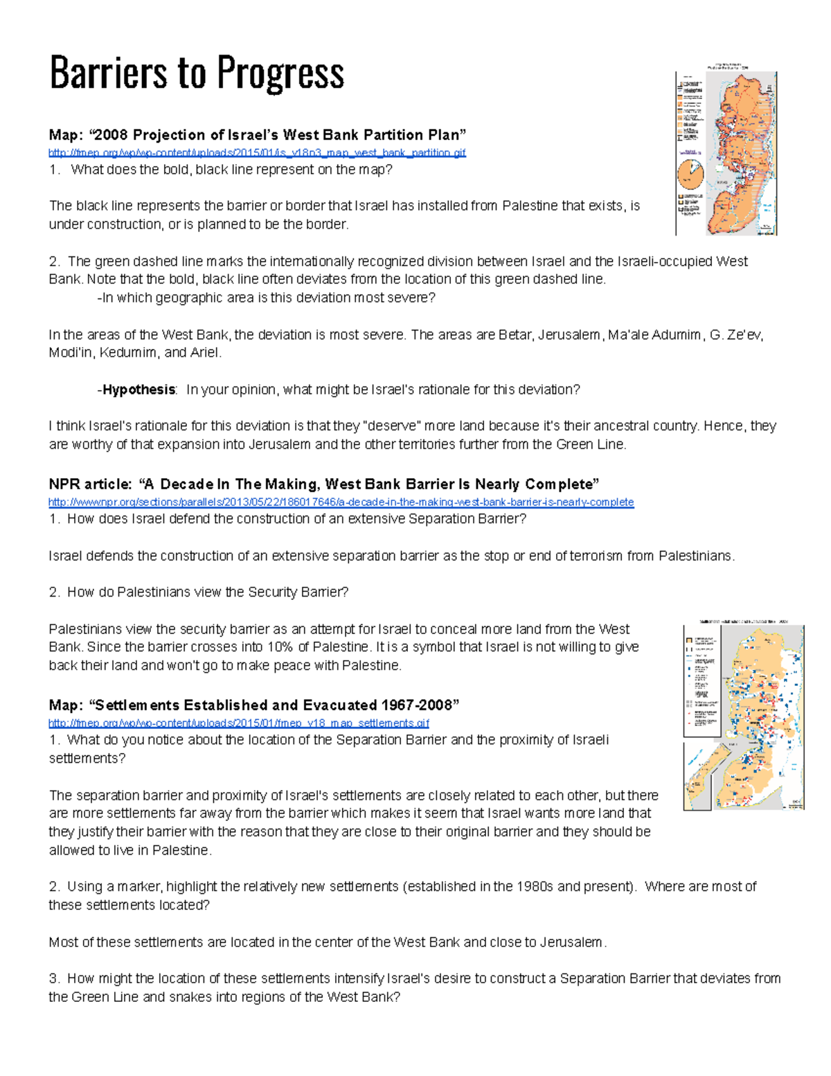 Barriers to Progress Israeli-Palestinian Conflict Analysis questions ...