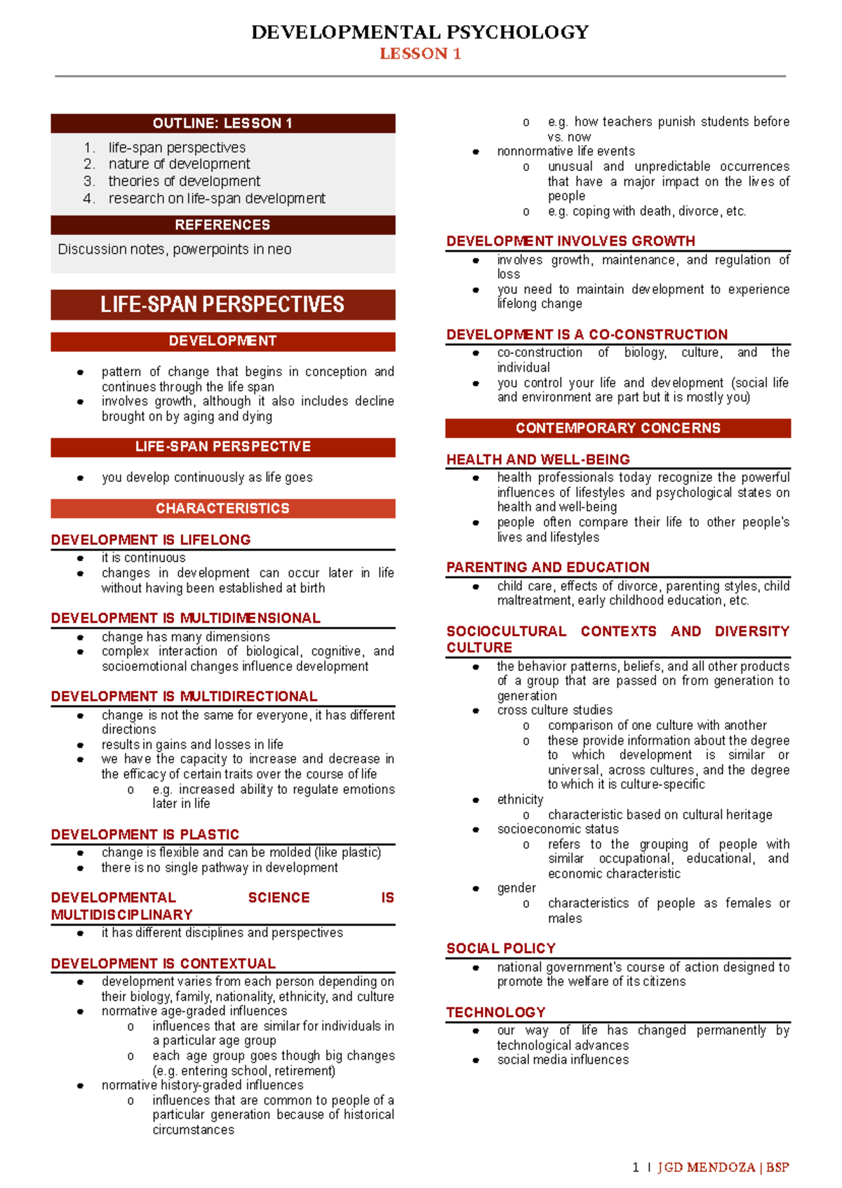 [DEV PSYCH] LESSON 1 (life-span perspectives, nature of development ...