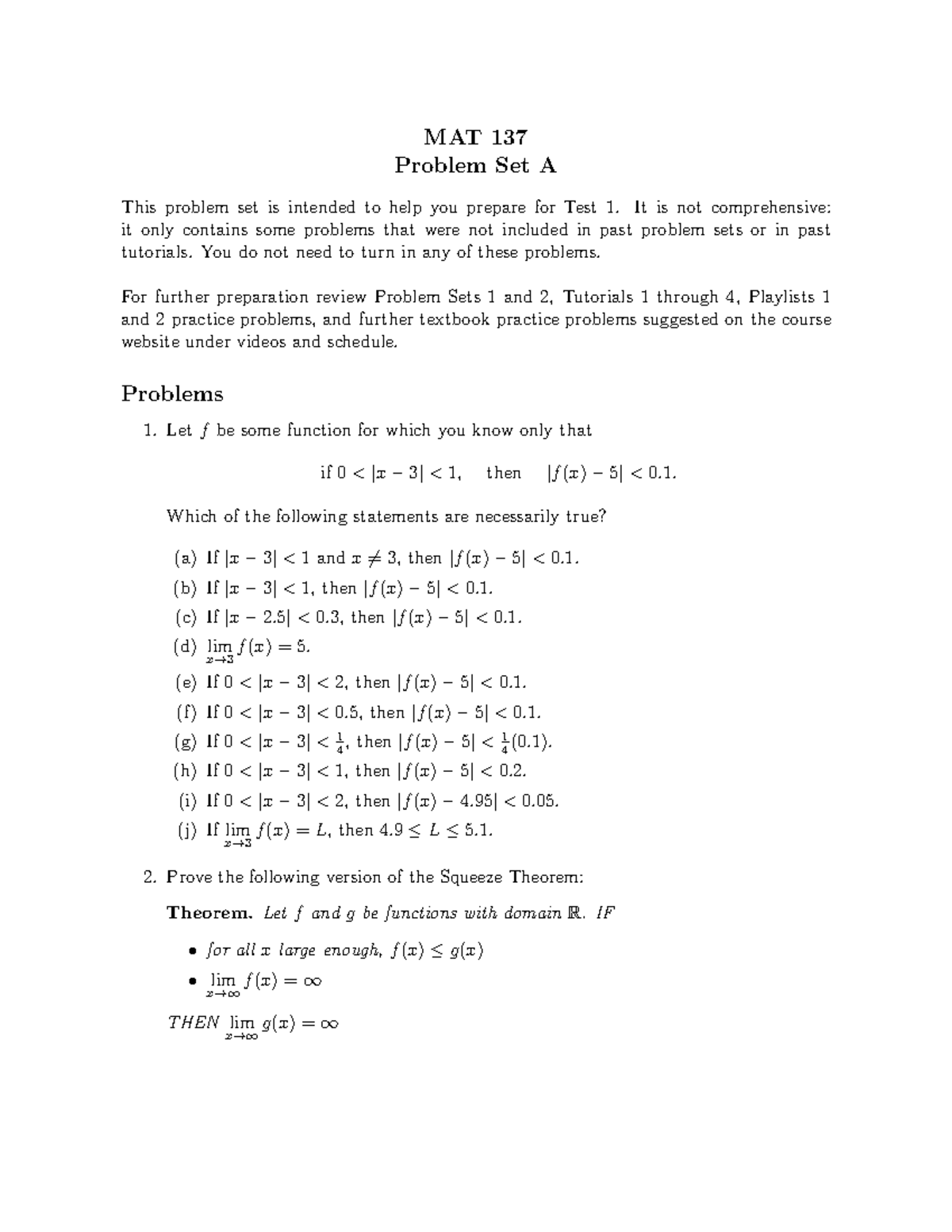 19-20 PSA - 2019-2020 PSA&B - MAT 137 Problem Set A This problem set is ...