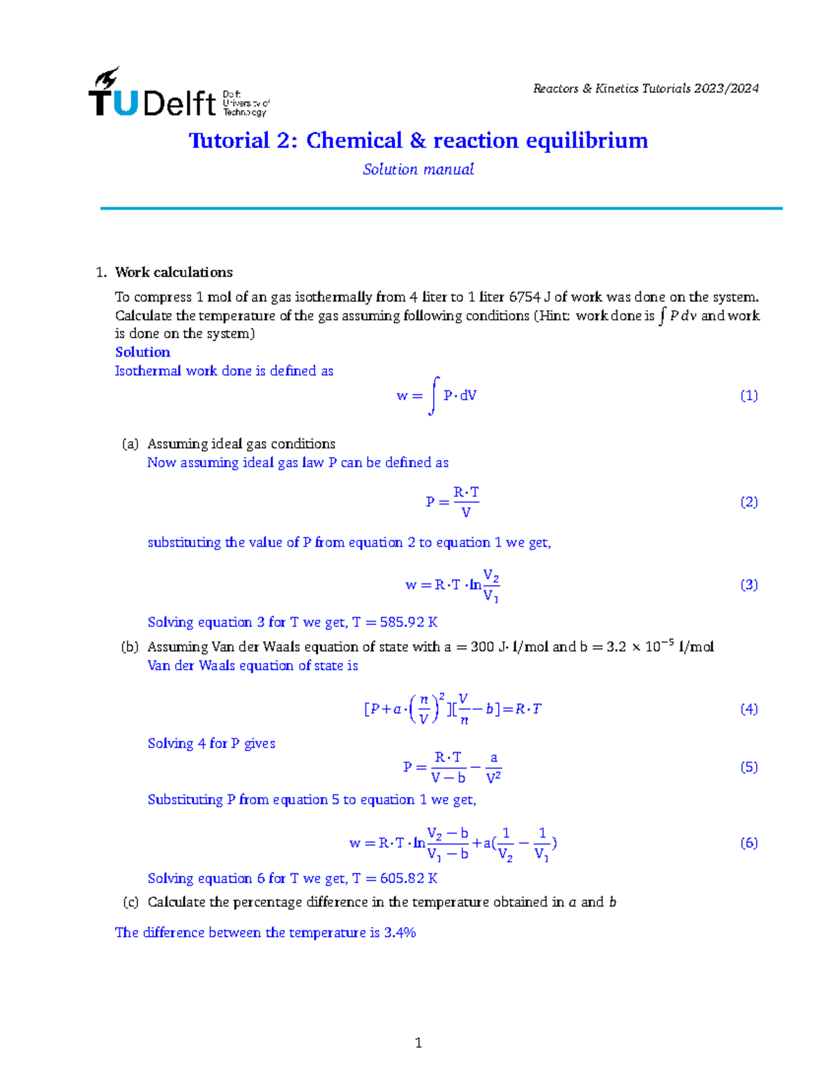 RK tutorial 2 solutions - Reactors & Kinetics Tutorials 2023/ 2024 ...