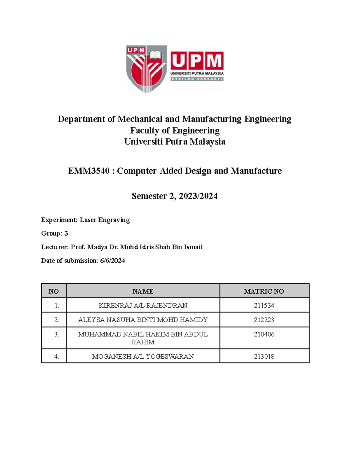 Laser engraving - Lab report - Department of Mechanical and ...