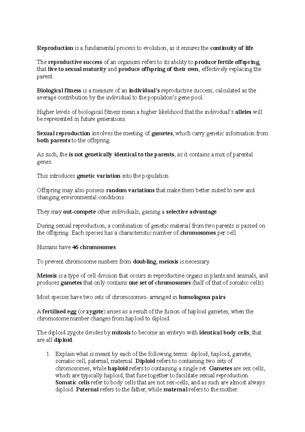 Module 5- Biology Summary - Reproduction is a fundamental process to ...