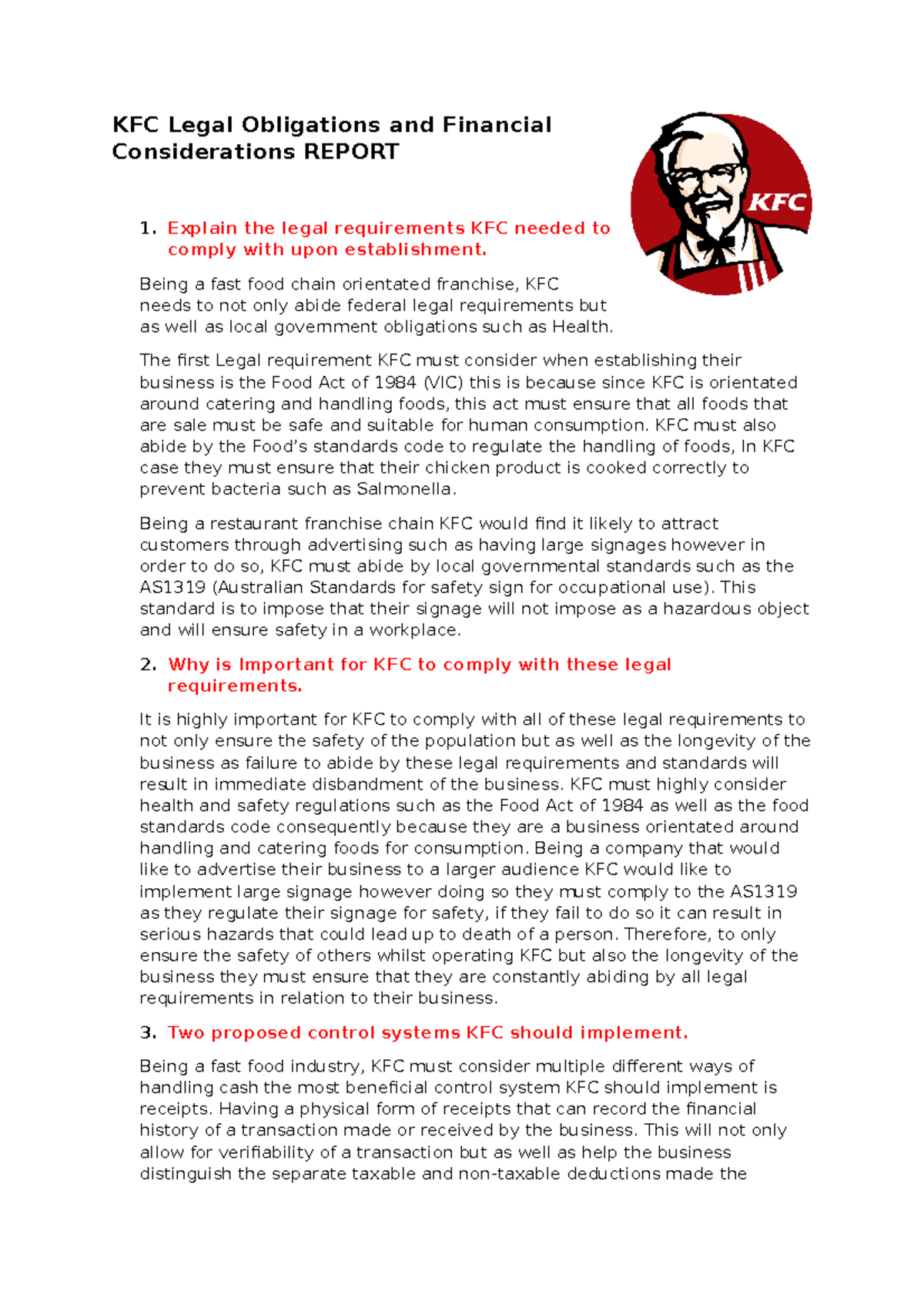 KFC Legal Obligations and Financial Considerations Report - KFC Legal ...