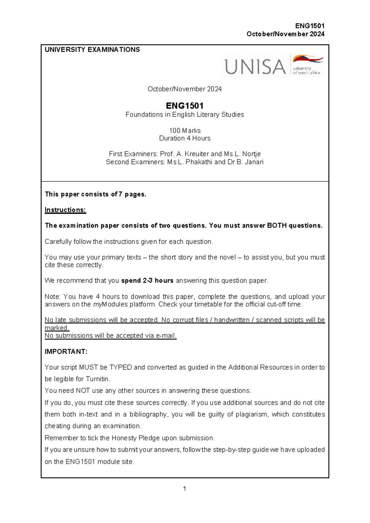 ENG1501 Exam Paper October 2024 - October/November 2024 UNIVERSITY ...