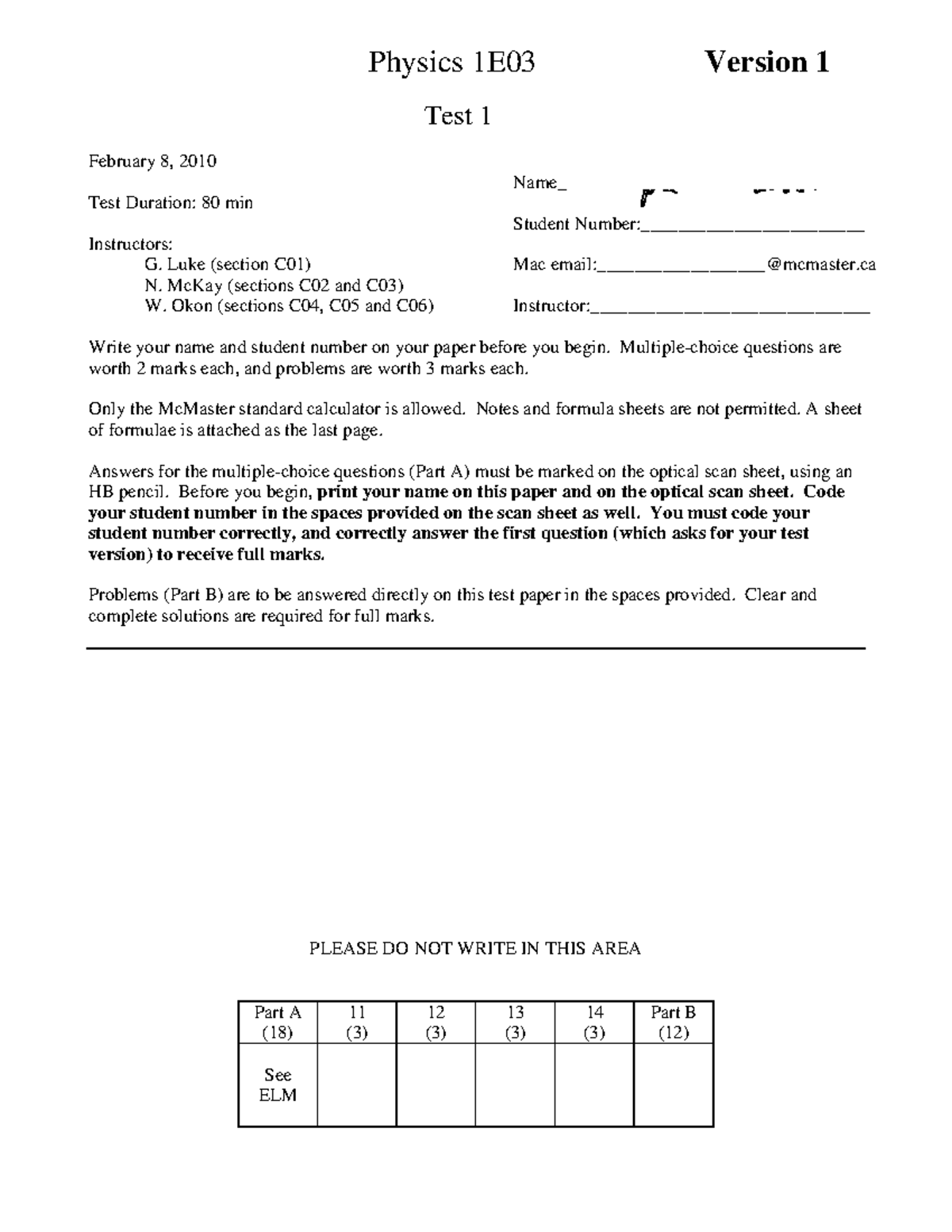 Test 1 2010 - Practice Test - Physics 1E03 Version 1 Test 1 February 8 ...