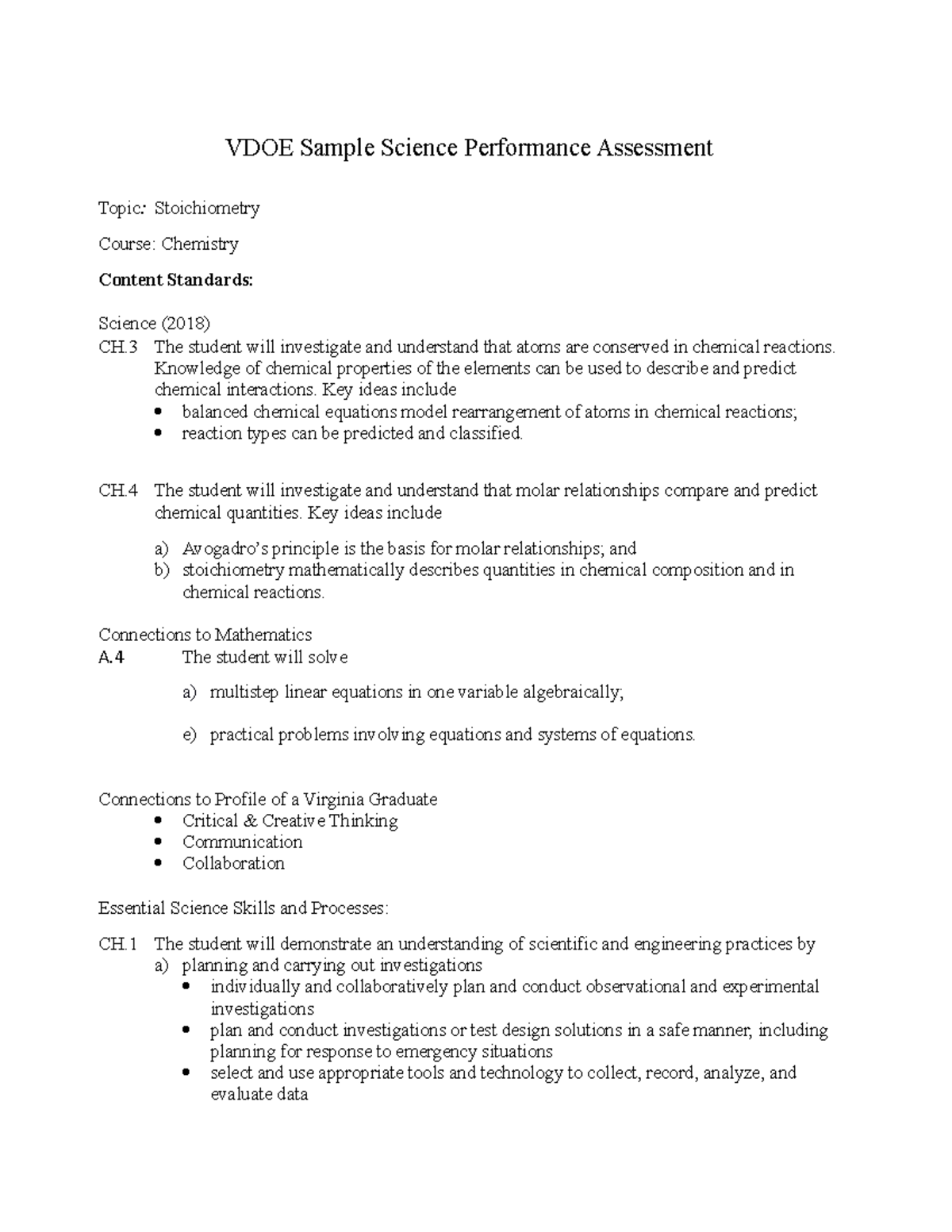 Chemistry pa - ljjbljbjbljbjb - VDOE Sample Science Performance ...