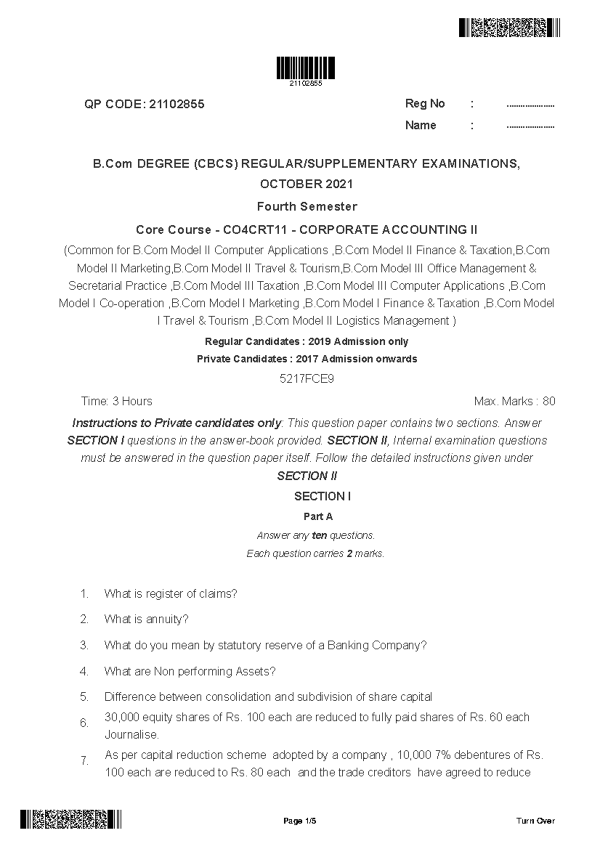 Bcom 4 sem corporate accounting 2 21102855 oct 2021 - QP CODE: 21102855 ...