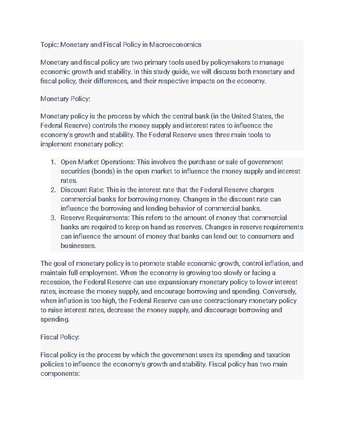 ECON 205 Notes - Monetary and Fiscal Policy - Topic: Monetary and ...